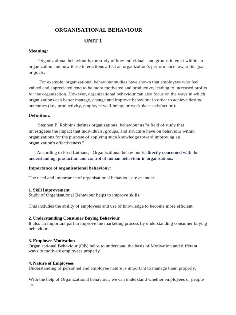Oranisational Behaviour Unit 1 Material | PDF | Organizational Behavior ...
