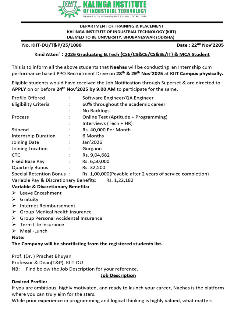 Registration for Naehas Internship Cum PPO Recruitment Drive-2026 Graduating Batch | PDF ...