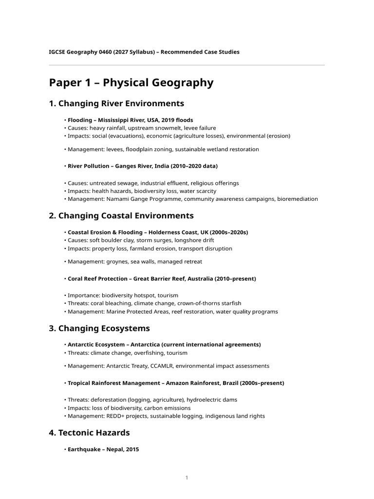 IGCSE Geography 0460 Case Studies 2027 | PDF | Flood | Coral Reef