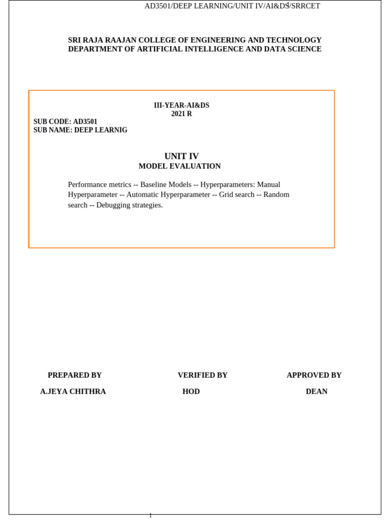 Deep Learning - AD3501 - Notes - Unit 4 - Model Evaluation | PDF ...