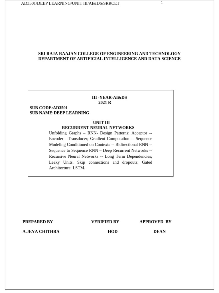 Deep Learning - AD3501 - Notes - Unit 3 - Recurrent Neural Networks (1 ...