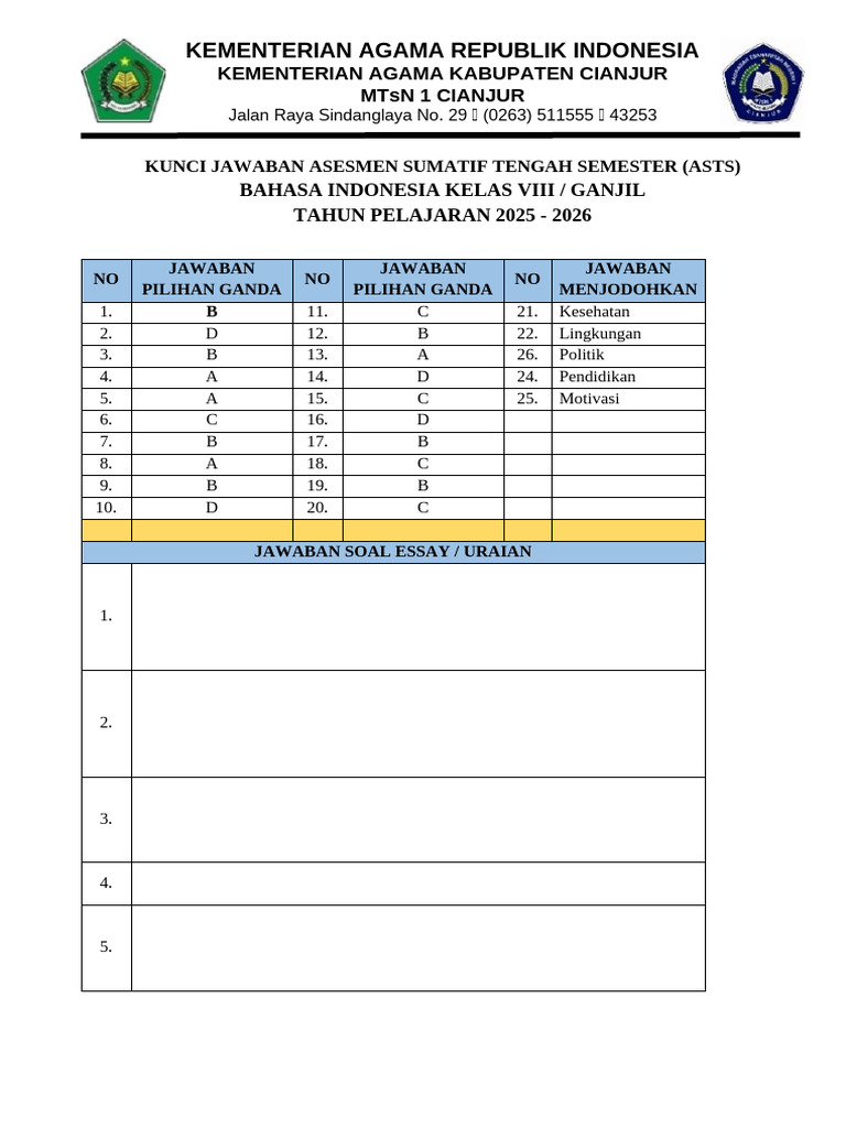 Kunci Jawaban ASTS Bahasa Indonesia VIII | PDF