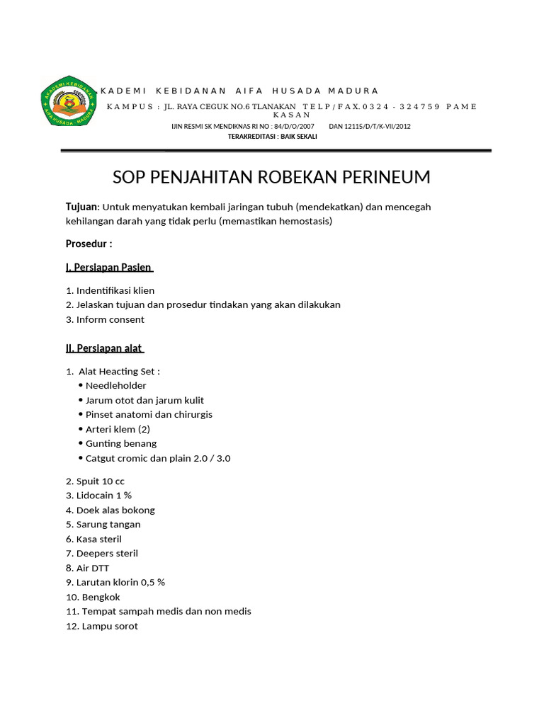 SOP Penjahitan Robekan Perineum Medis | PDF