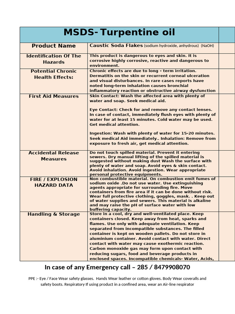 MSDS of Turpentine Oil | PDF | Sodium Hydroxide | Chemical Substances