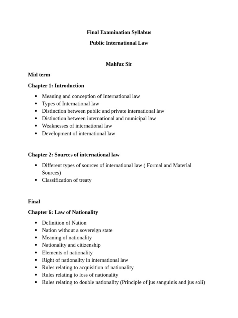 Public International Law Final Examination Syllabus | PDF | Nationality | International Law
