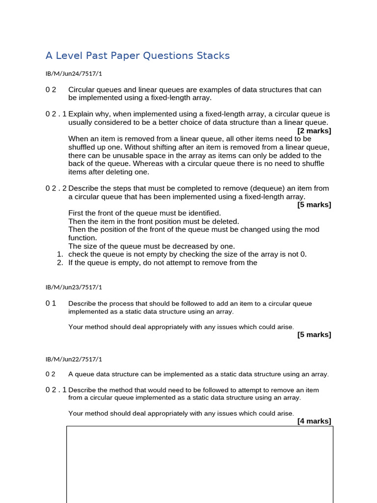 PPQs A Level L73 Stacks and Queues | PDF | Queue (Abstract Data Type) | Computer Data