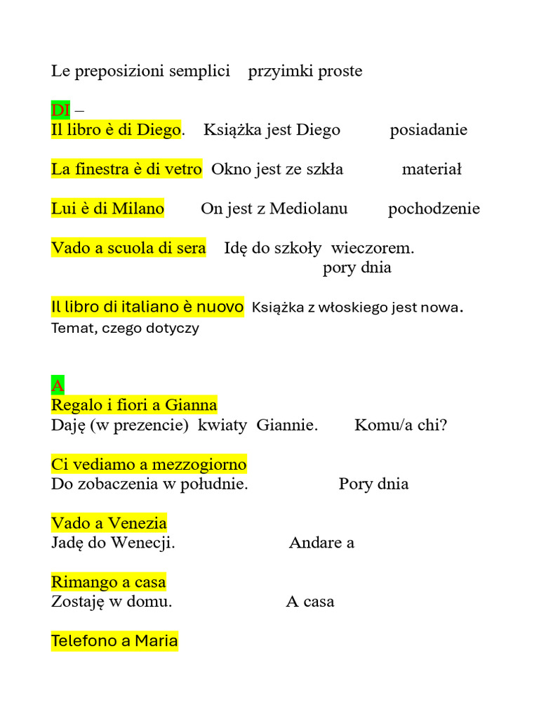 Preposizioni Semplici Frasi | PDF