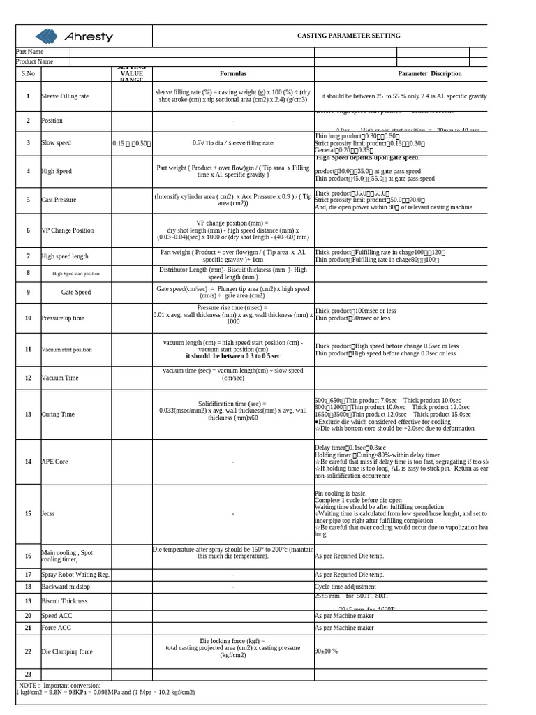 Casting Parameter Settings Guide | PDF | Mechanical Engineering ...