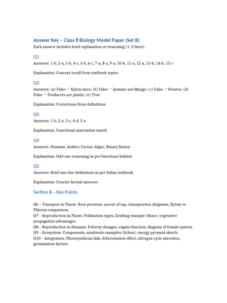 Class 8 ICSE Biology Model Paper Set B Answer Key | PDF
