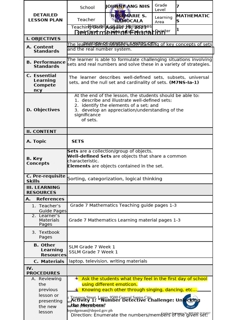 DLP Math 7 Week 1 Day 1 | PDF | Learning | Lesson Plan