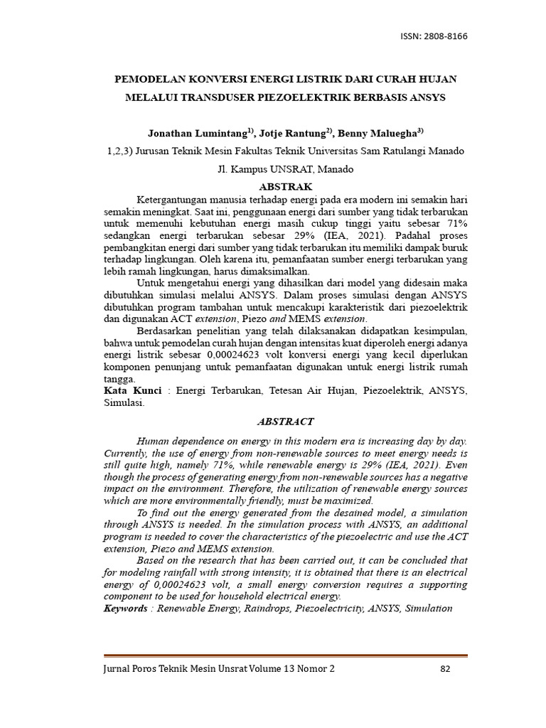 Pemodelan Konversi Energi Listrik Dari Curah Hujan Melalui Transduser ...
