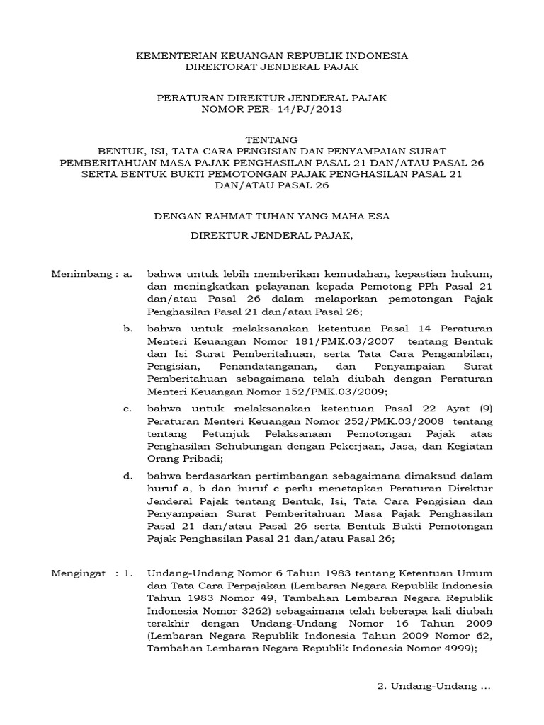 PER 14.PJ .2013 Tg Bentuk Isi Tata Cara Pengisian Dan Penyampaian SPT Masa PPh 21 26 | PDF