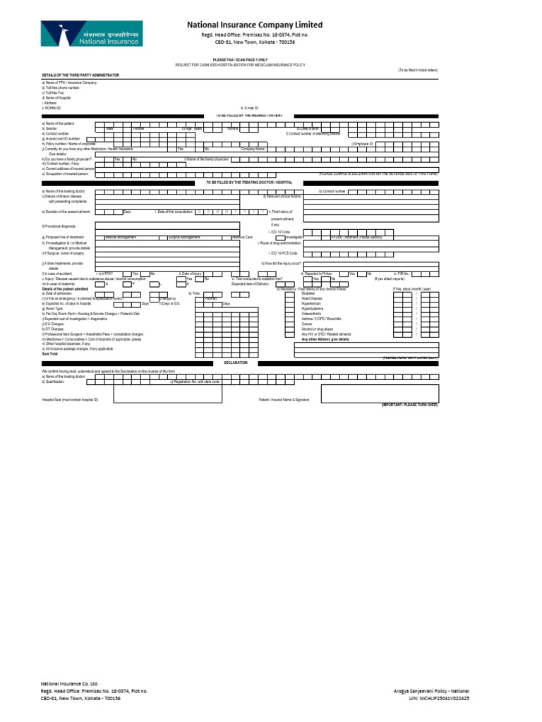 Cashless Hospitalization Request Form | PDF | Insurance | Hospital