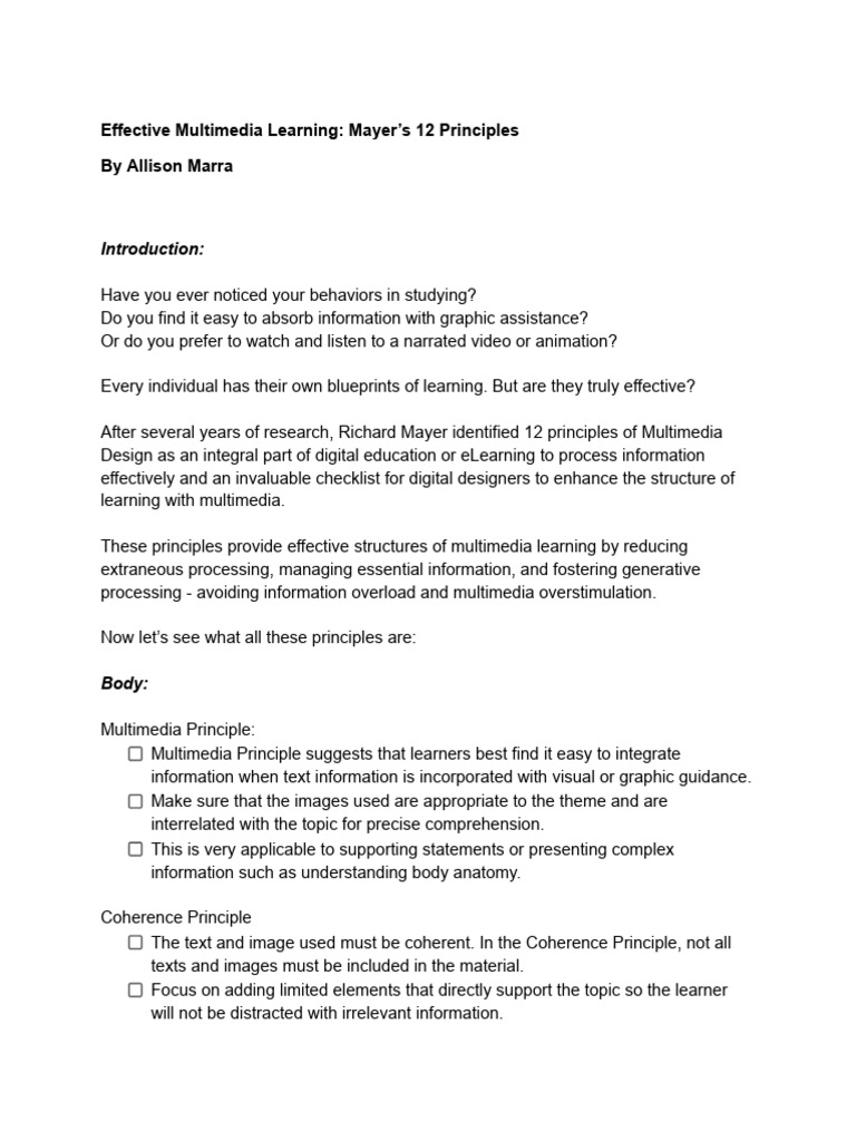 Mayer's 12 Principles of Multimedia Learning | PDF | Learning | Multimedia