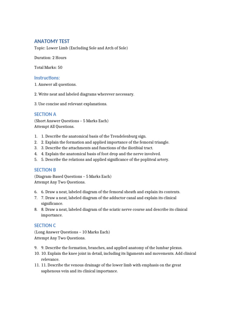 Lower Limb Anatomy Test Guide | PDF