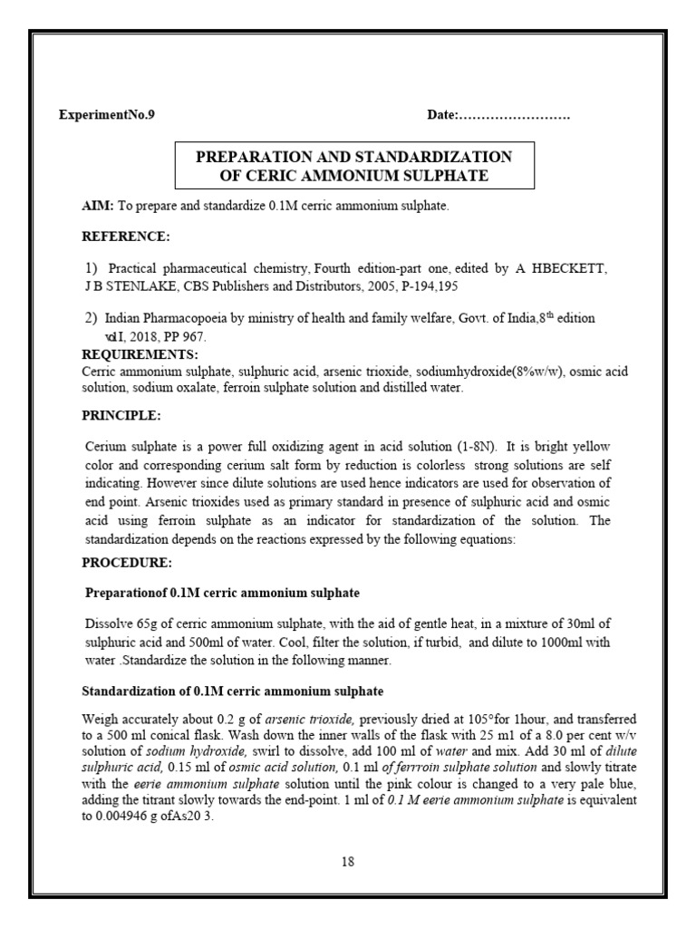 Standardizing 0.1M Ceric Ammonium Sulphate | PDF | Titration | Chemistry