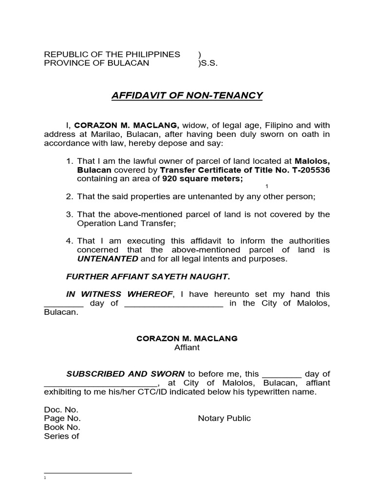 Affidavit of Non-Tenancy in Bulacan | PDF