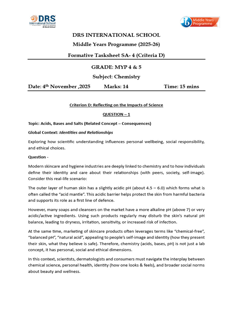 MYP SA-4 Formative Task - 1 Criteria D | PDF | Skin Care | Ph