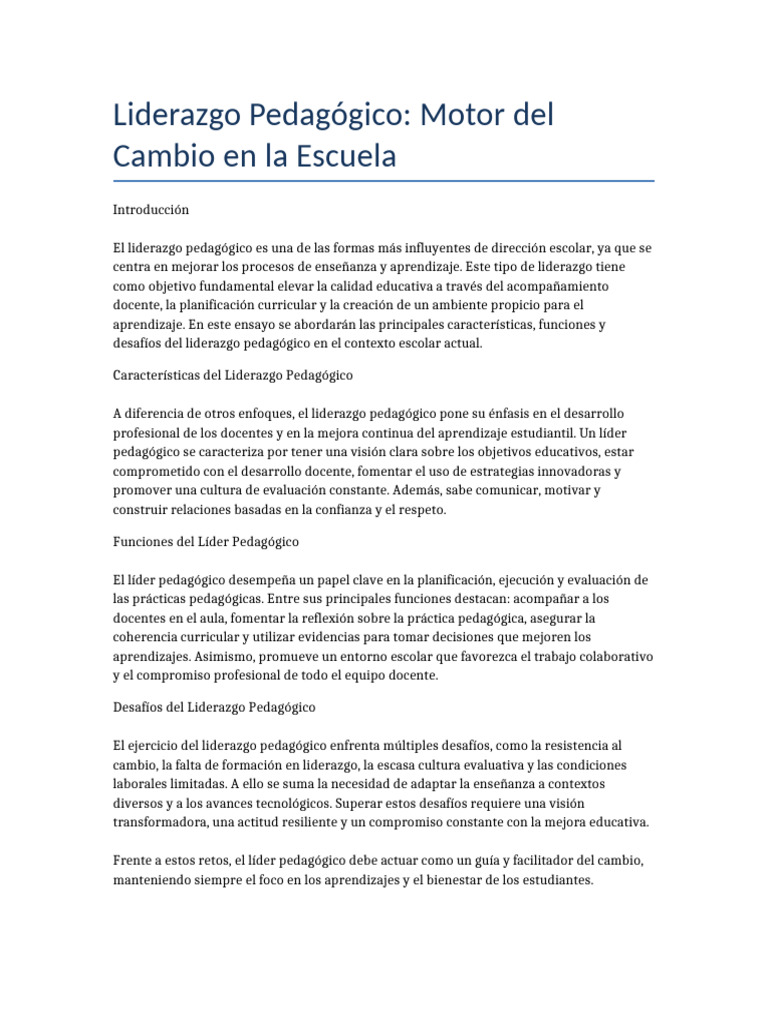 Ensayo Liderazgo Pedagogico | PDF | Liderazgo | Enseñando