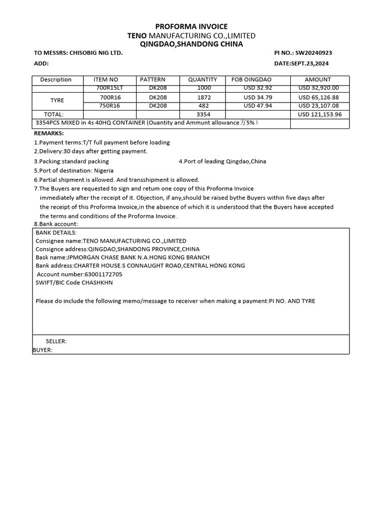 Proforma Invoice for Tyre Order | PDF