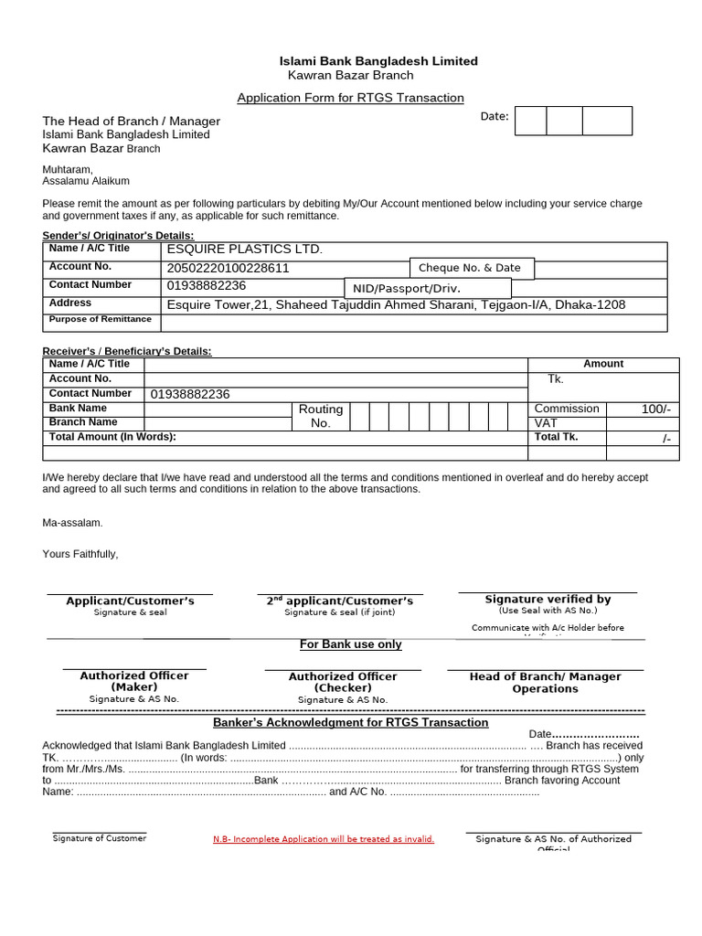 RTGS Form Islami Bank | PDF | Banks | Damages