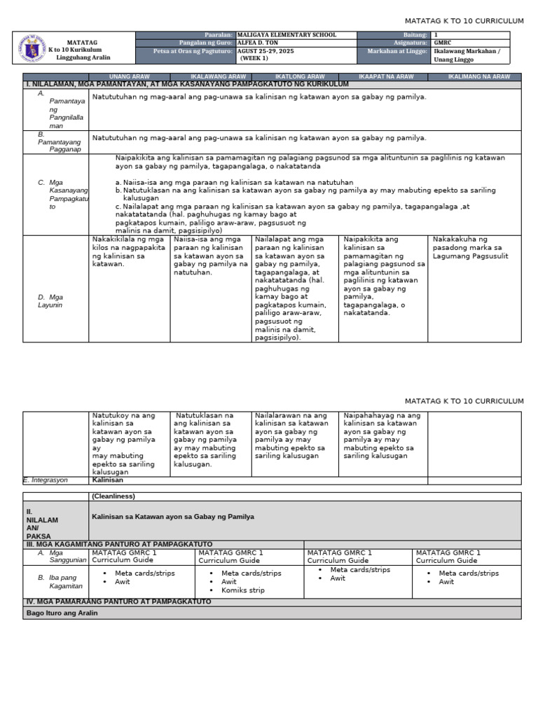 DLL Matatag - GMRC 1 - Q2 - W1 With Remarks and Reflections | PDF