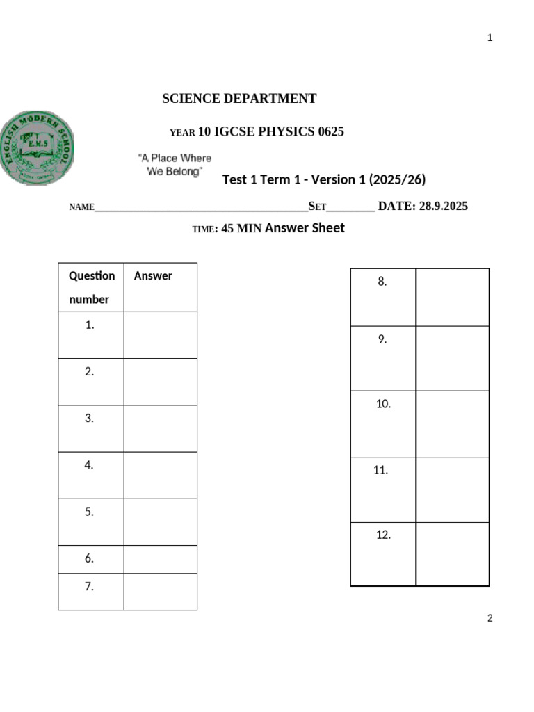 Answer Key Year 10 Test 1 Term 1 25 - 26 - V1 | PDF