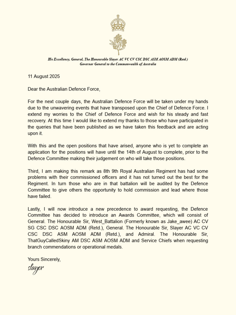 Governor General Letter To ADF | PDF