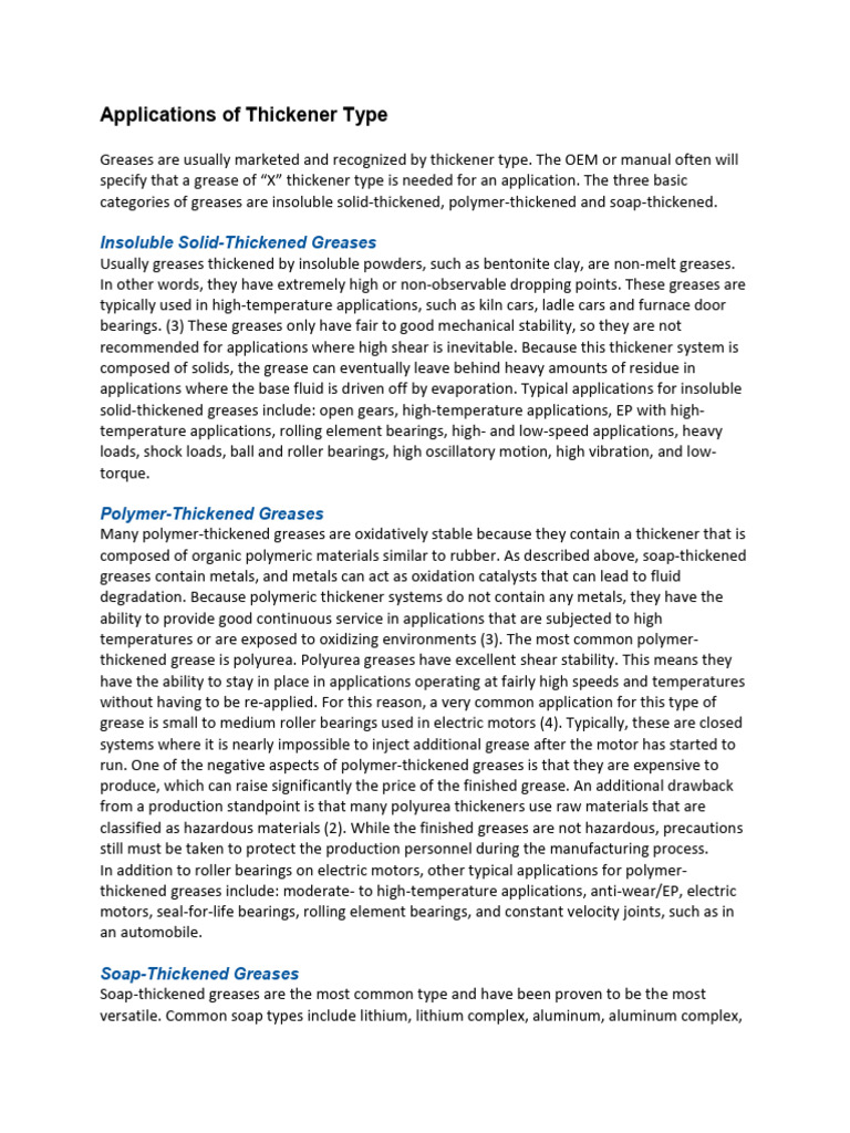 Applications of Thickener Type | PDF | Bearing (Mechanical) | Lithium