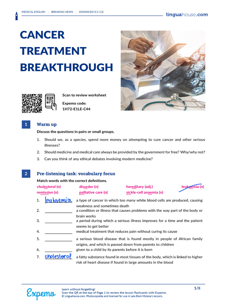 Cancer Treatment Breakthrough British English Student C1 C2 | PDF ...