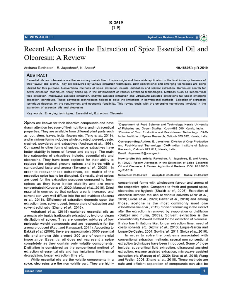 Advances in Spice Oil Extraction Techniques | PDF | Essential Oil ...