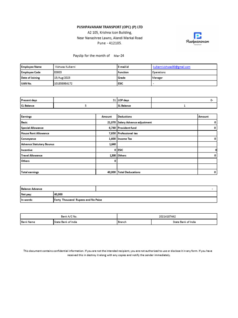 PaySlip for E0003 - Mar 24 | PDF | Paycheck | Money