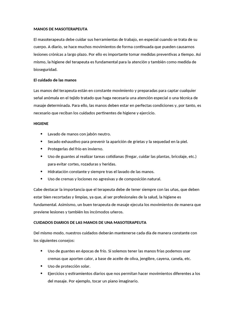 Cuidado y Ejercicios para Manos de Masoterapeuta | PDF | Masaje | Mano