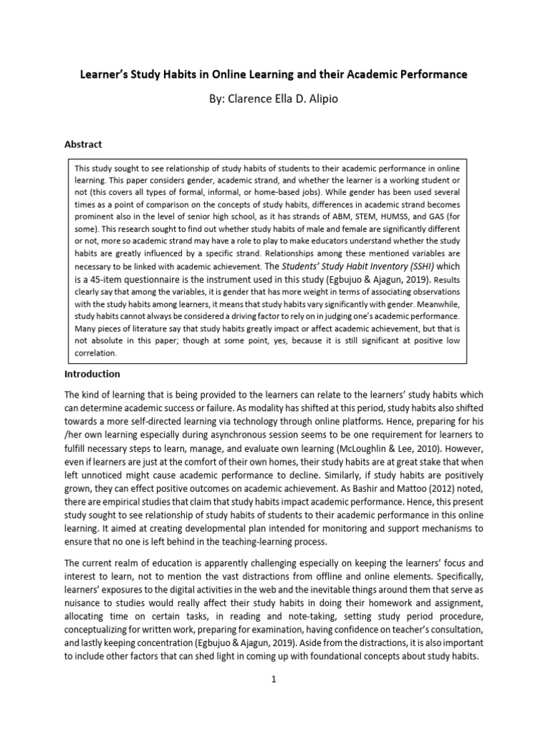 Study Habits Impact on Online Learning Performance | PDF | Motivational ...