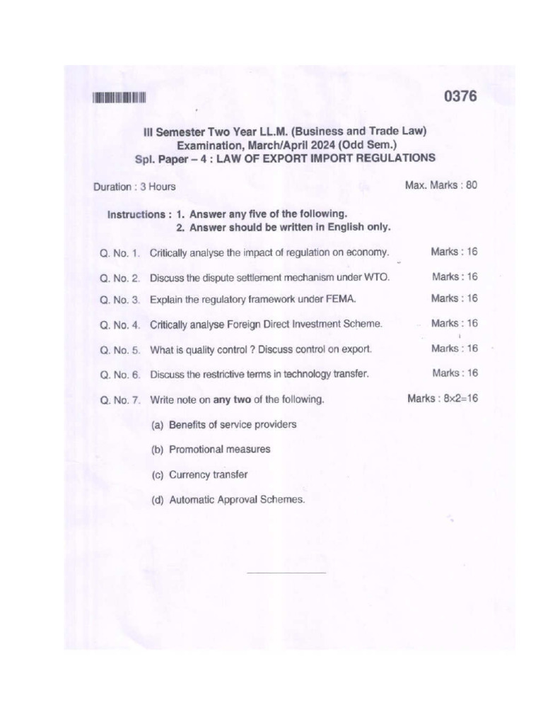 Question Paper - Law of Export-Import Regulation | PDF