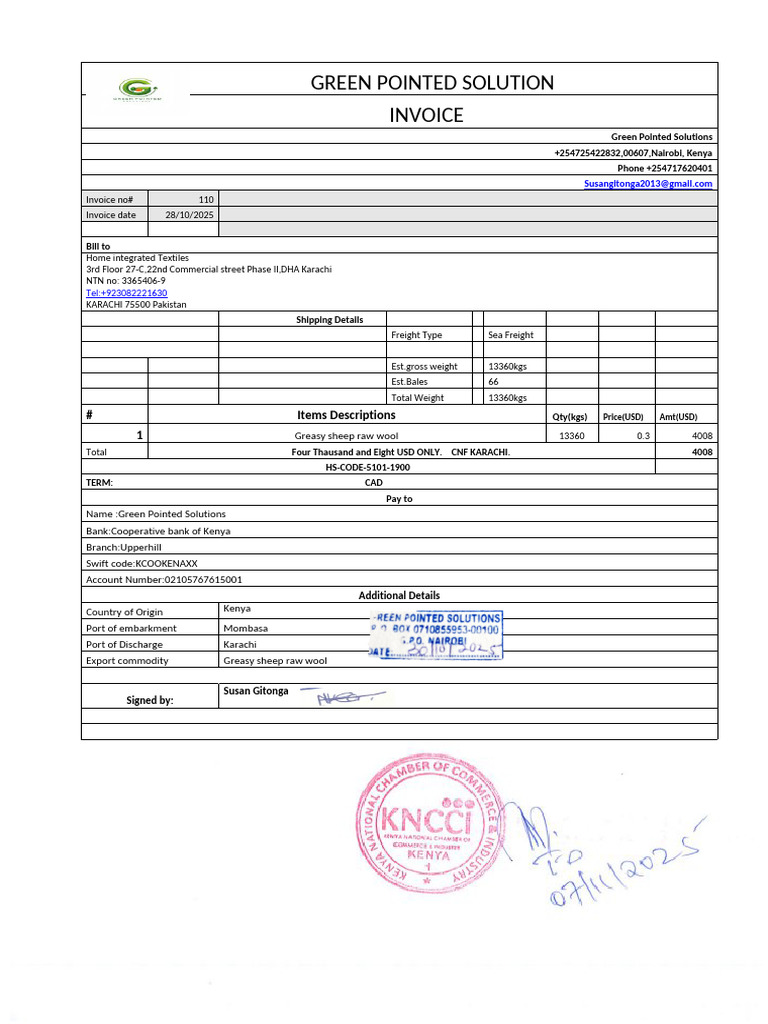 Invoice for Greasy Sheep Wool Shipment | PDF | Bill Of Lading | Cargo