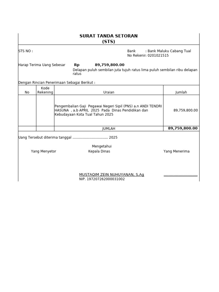 Surat Tanda Setoran PNS Tual 2025 | PDF