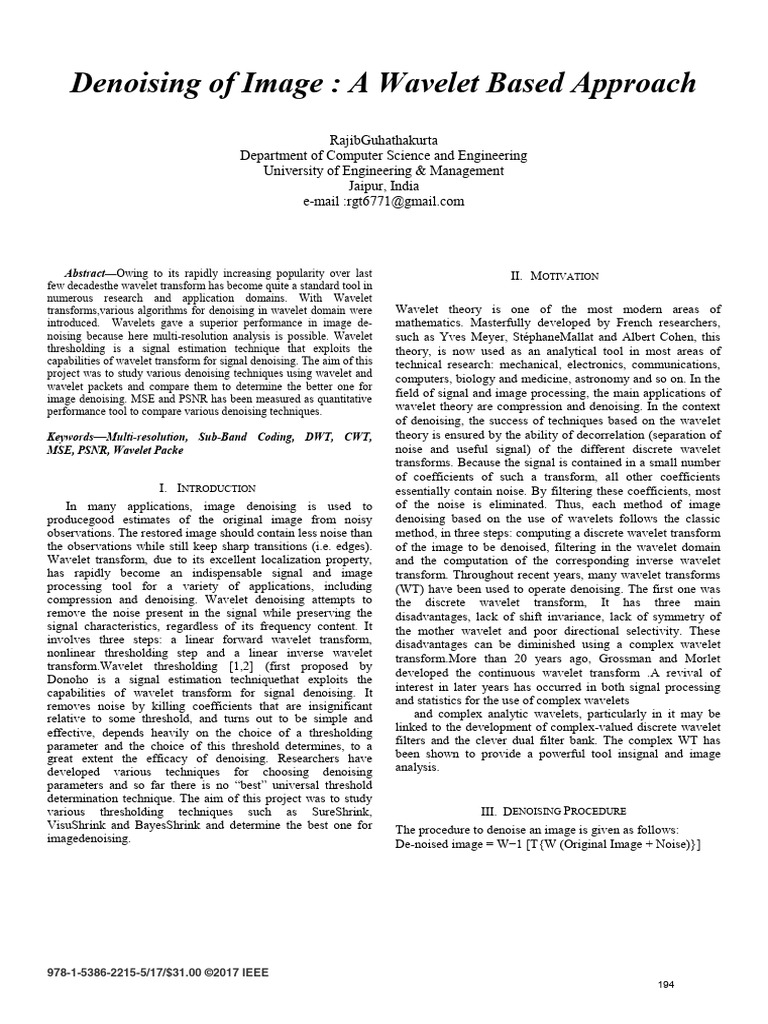 Denoising of Image a Wavelet Based Approach | PDF | Wavelet | Digital ...
