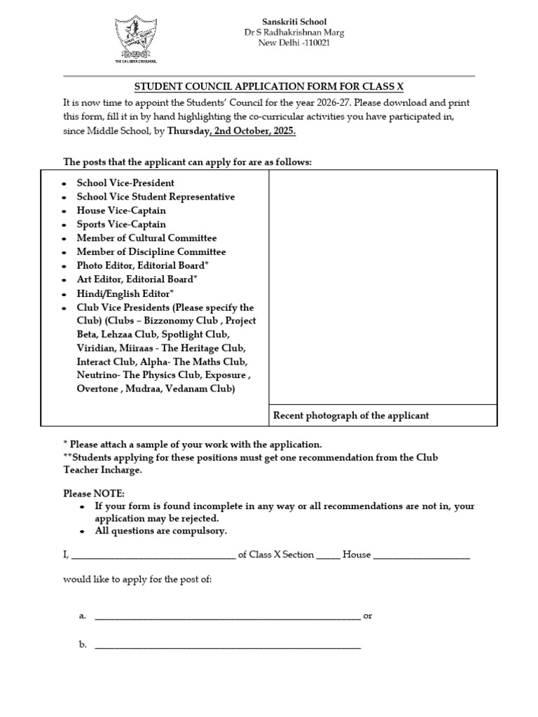 Grade X Application Form - School Council (2026-27) | PDF