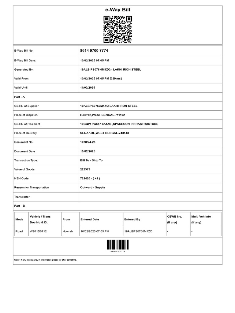 E-Way Bill Iron and Steel 10 Feb | PDF