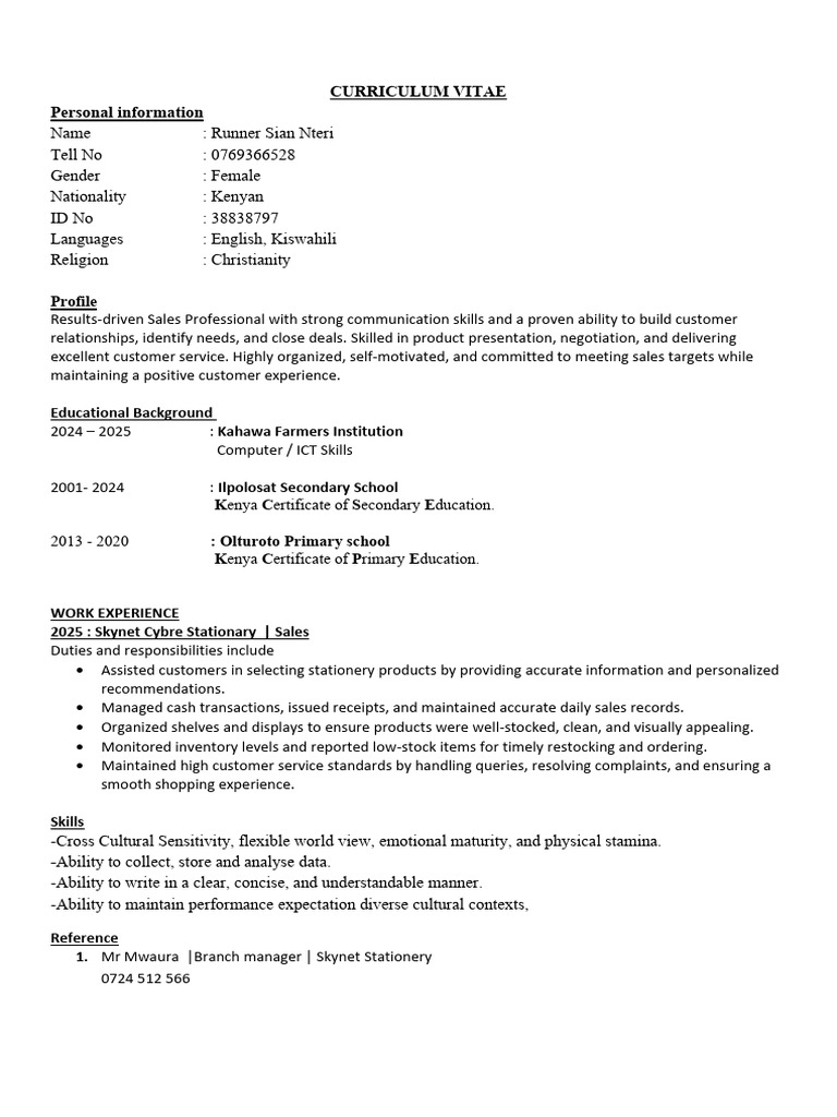 Curriculum Vitae Personal Information: Profile | PDF