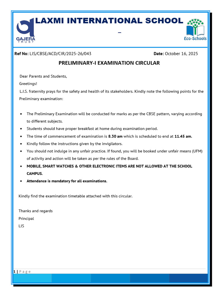 Laxmi International School Exam Circular | PDF