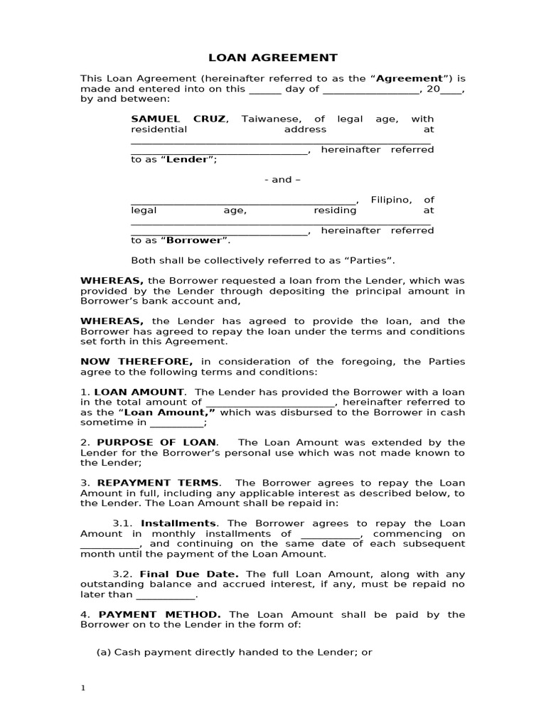 Loan Agreement - Cash Sample | PDF | Loans | Interest