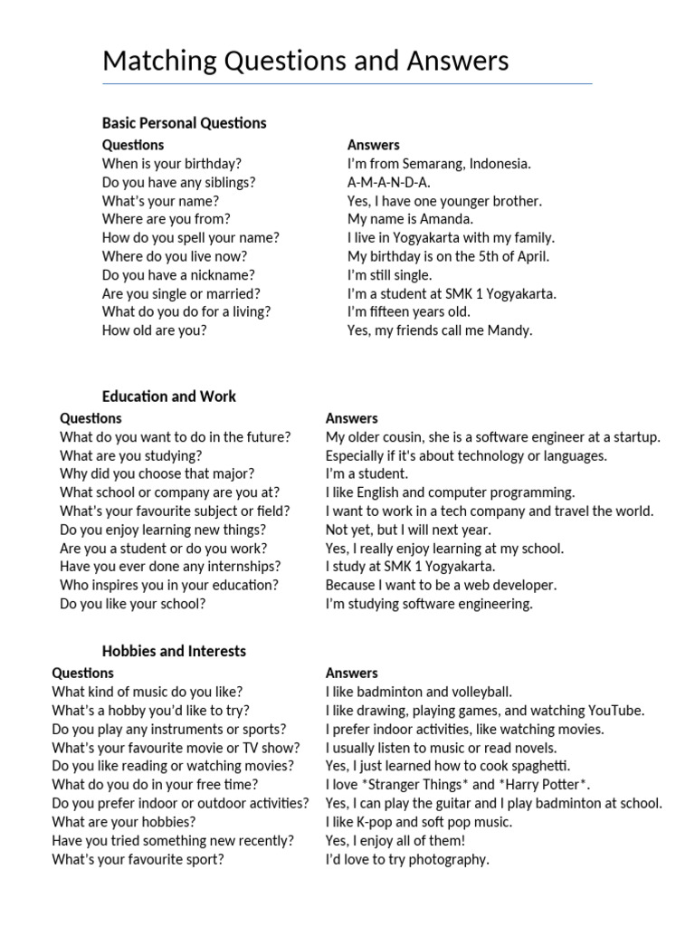 Matching - Questions - and - Answers INTRODUCTION | PDF