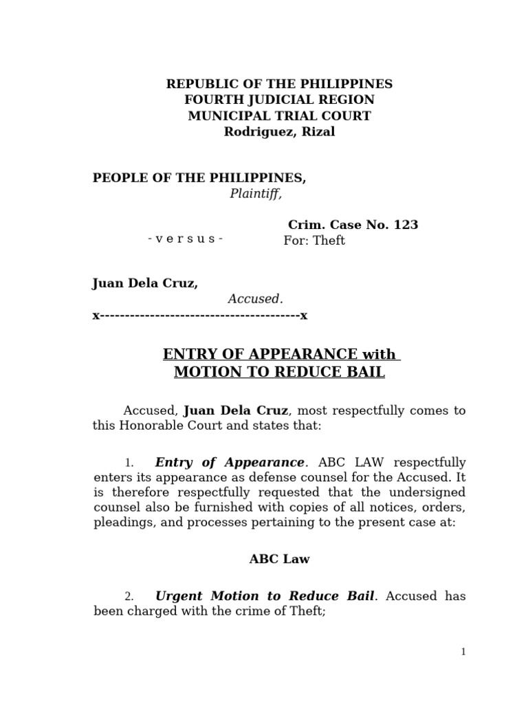Motion to Reduce Bail for Theft Case | PDF