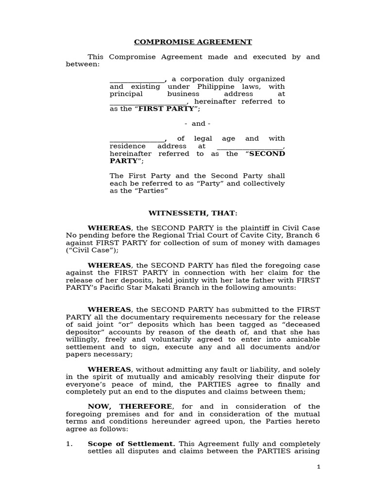 Compromise Agreement Sample | PDF | Lawsuit | Justice