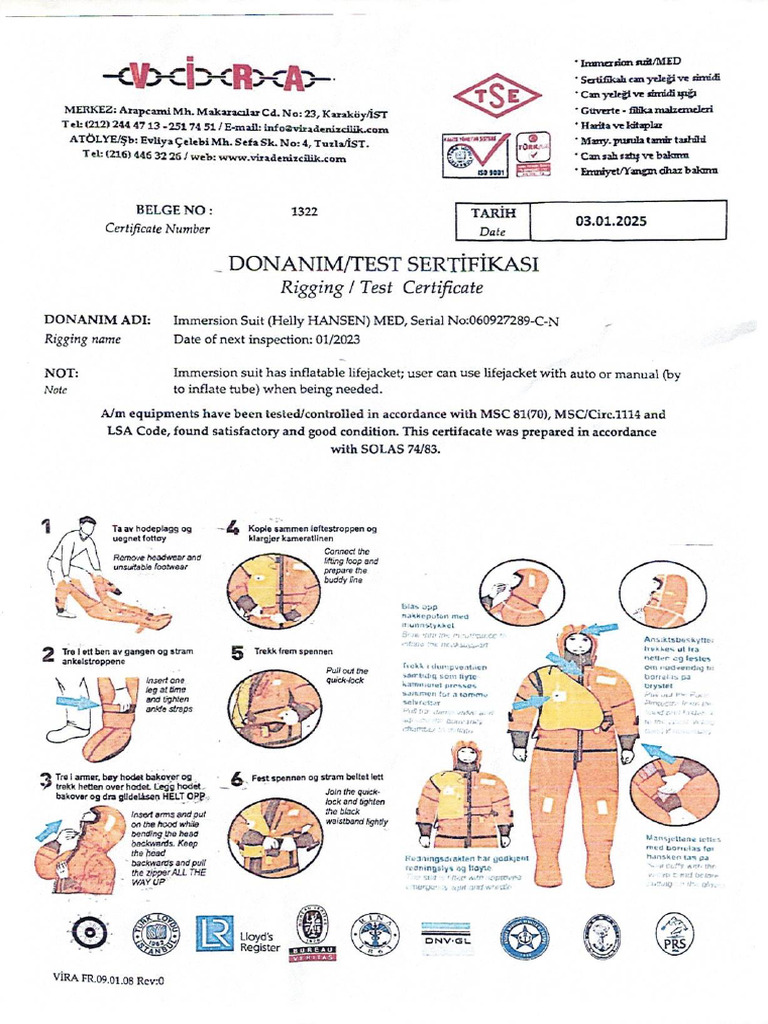 Immersion Suits 3 Year Certificate | PDF