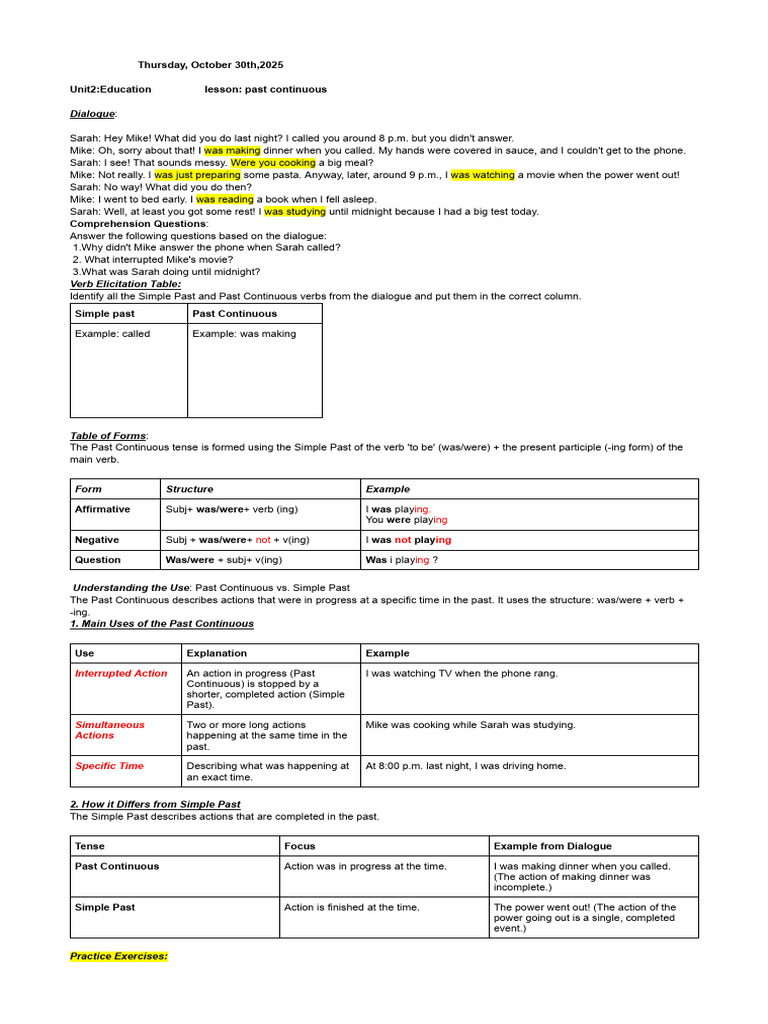Past Continuous Tense Lesson Plan | PDF | Verb | Syntax