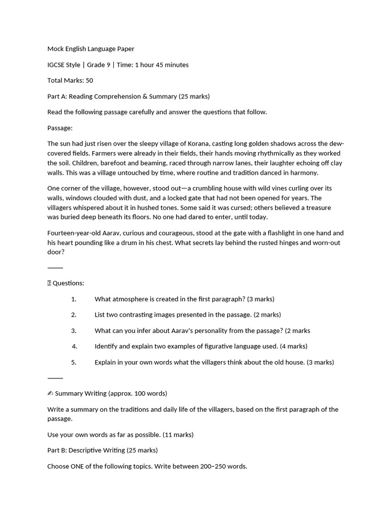 IGCSE Grade 9 English Mock Exam Paper | PDF