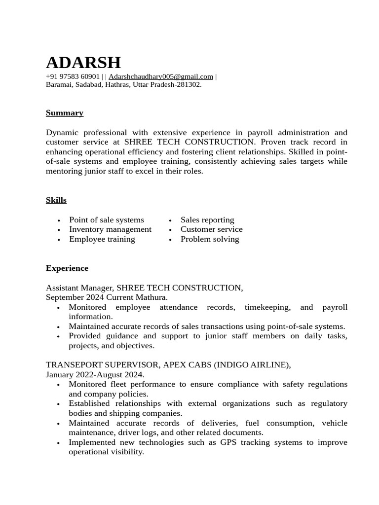 Adarsh Resume | PDF